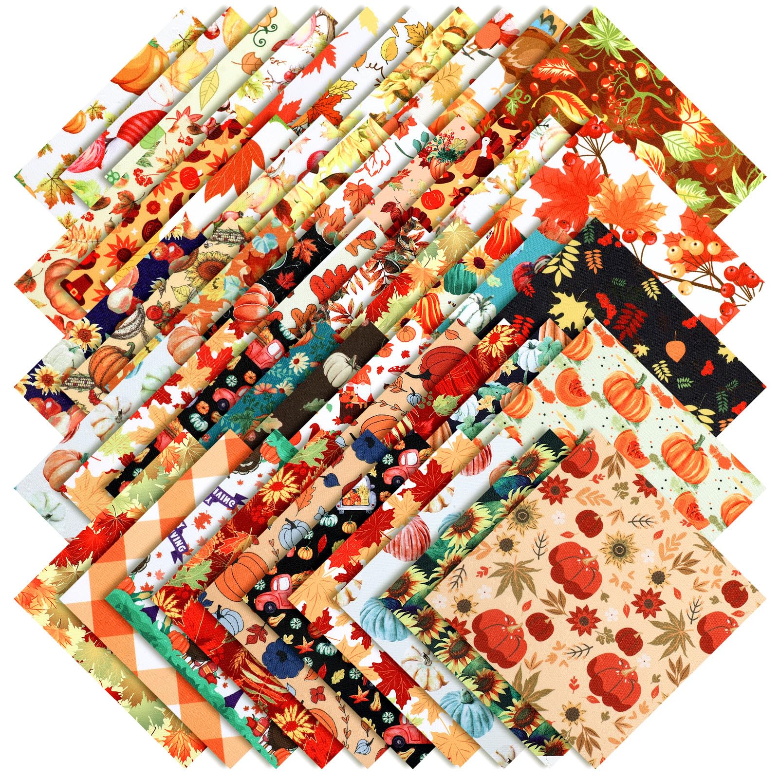 Ganeen 100 Pcs 10 x 10 Inch Thanksgiving Fabric Fall Fabric Squares Fall Pumpkin Quarters Bundles Fabric Scraps Fat Sewing Quilting Patchwork for Thanksgiving Autumn DIY Craft