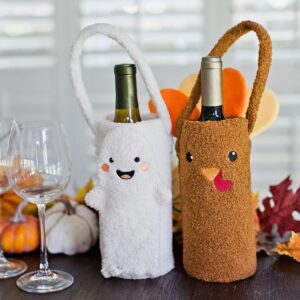 Pearhead Sherpa Turkey Wine Bottle Gift Bag, Thanksgiving Dinner Ideas, Funny Fall Housewarming Ideas, Holiday Party Hostess Gifts, Reusable Gift Bag, Soft Travel Wine Tote Carrier