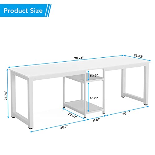 LITTLE TREE 78 Inch 2 Person Desk with Storage, Long Desk for 2 People, Extra Large Double Gaming Desk, White Two Computer Workstation Desk for Home Office