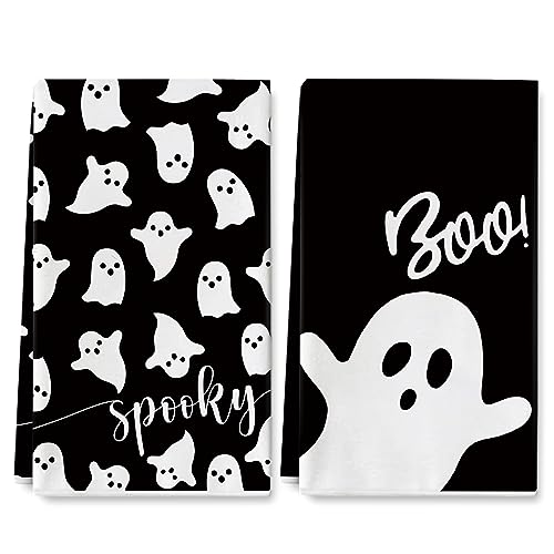 AnyDesign Halloween Kitchen Towel 18 x 28 Inch Black White Ghost Dishcloth Scary Hand Drying Tea Towel for Halloween Baking Cooking Home Kitchen Decor Housewarming Gift, 2Pcs