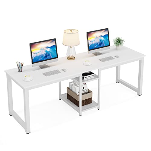 LITTLE TREE 78 Inch 2 Person Desk with Storage, Long Desk for 2 People, Extra Large Double Gaming Desk, White Two Computer Workstation Desk for Home Office