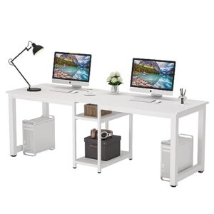 LITTLE TREE 78 Inch 2 Person Desk with Storage, Long Desk for 2 People, Extra Large Double Gaming Desk, White Two Computer Workstation Desk for Home Office