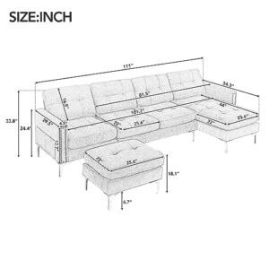 U-Shaped Sectional Sofa w/Reversible Chaise and Movable Ottoman, 110"W 5-Seater Convertible Corner Couch Modern Design Comfy Sofa & Couch with Side Pockets and Nail Head for Home Office Apartment