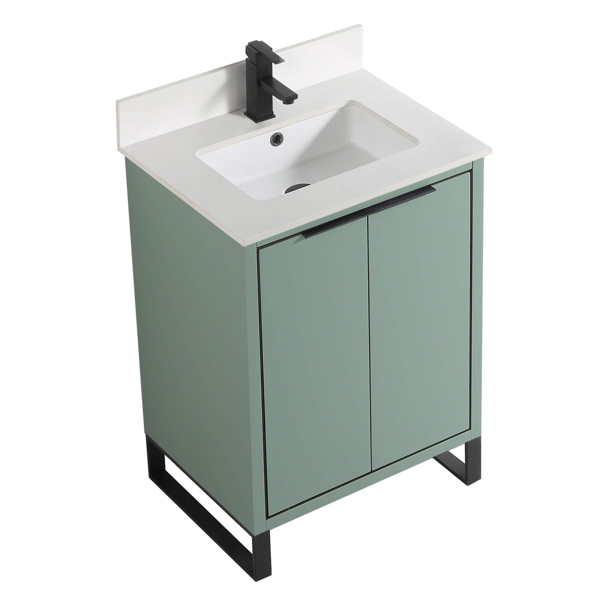 Fine Fixtures Opulence Collection 24 in. W x 18 in. D x 33 in. H Bathroom Vanity in Mint Green with White Matte Sintered Stone Sink - Black Hardware