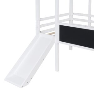 Merax Twin Loft Bed with Slide for Boys & Girls, Wood House Style with Blackboard & Light Strip, White