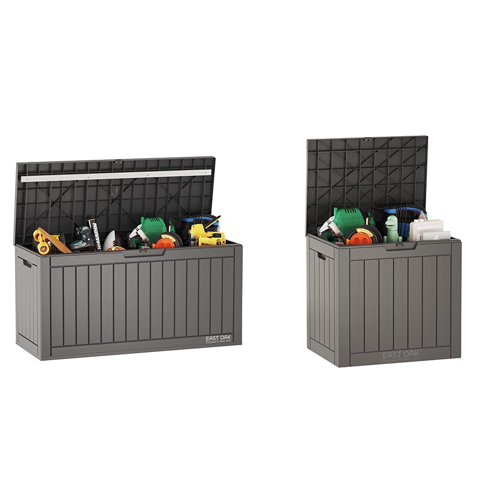 EAST OAK 60 Gallon and 31 Gallon Deck Boxes, Outdoor Storage Boxes with Padlock for Patio Furniture, Cushions, Gardening Tools, Pool Supplies | Waterproof and UV Resistant | Grey