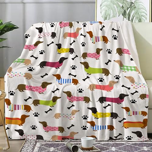 Acomfykets Dachshund Blanket Gift for Girls Boys, Dog Throw Blanket Gift for Kids Super Cozy Lightweight Flannel Paw Throws Bone Blankets for Bed Sofa Couch 40x50Inch