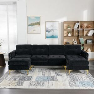 u-shaped sectional sofa w/reversible chaise and movable ottoman, 110"w 5-seater convertible corner couch modern design comfy sofa & couch with side pockets and nail head for home office apartment