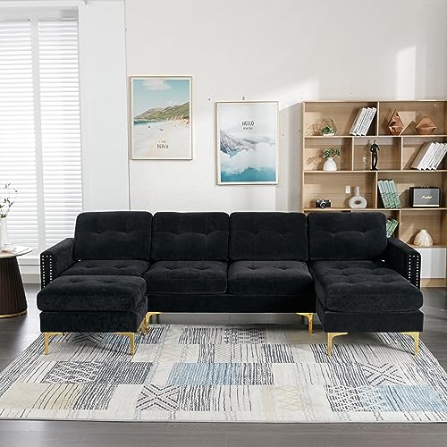 U-Shaped Sectional Sofa w/Reversible Chaise and Movable Ottoman, 110"W 5-Seater Convertible Corner Couch Modern Design Comfy Sofa & Couch with Side Pockets and Nail Head for Home Office Apartment