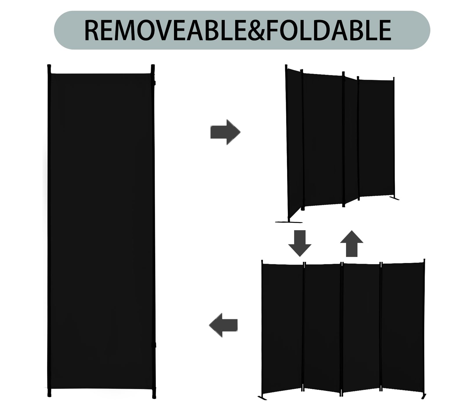 Room Divider 4-Panel Privacy Screen with 3 Support Foot, Portable Screen Steel Frame with Hook&Loop for Home, Office, Classroom, Studio, Meeting Black