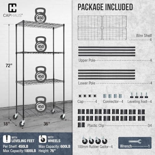 CAPHAUS NSF Commercial Grade Heavy Duty Wire Shelving w/Wheels, Leveling Feet & Liners, Storage Metal Shelf, Garage Shelving Storage, Utility Wire Rack Storage Shelves, 36 x 18 x 76 4-Tier No Liner