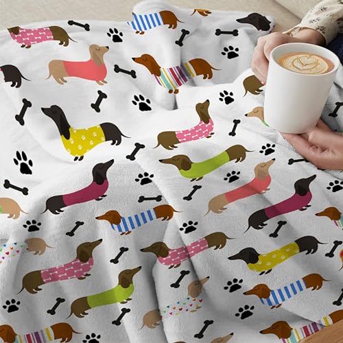 Acomfykets Dachshund Blanket Gift for Girls Boys, Dog Throw Blanket Gift for Kids Super Cozy Lightweight Flannel Paw Throws Bone Blankets for Bed Sofa Couch 40x50Inch