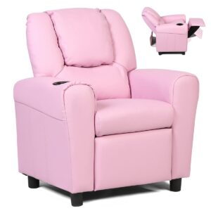 bettary kids recliner chair, children pu leather lounge chair with adjustable backrest, footrest, headrest & cup holder, toddler couch for boys & girls, pink