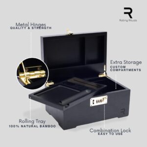 Rolling Rituals Large Premium Smell Proof Bamboo Storage Box with Rolling Tray Kit - Smell Proof box with combination lock, Glass Jars, Travel Tube and Accessories. Decorative Stash Box Set for Herbs