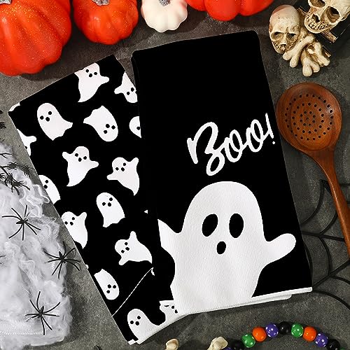 AnyDesign Halloween Kitchen Towel 18 x 28 Inch Black White Ghost Dishcloth Scary Hand Drying Tea Towel for Halloween Baking Cooking Home Kitchen Decor Housewarming Gift, 2Pcs