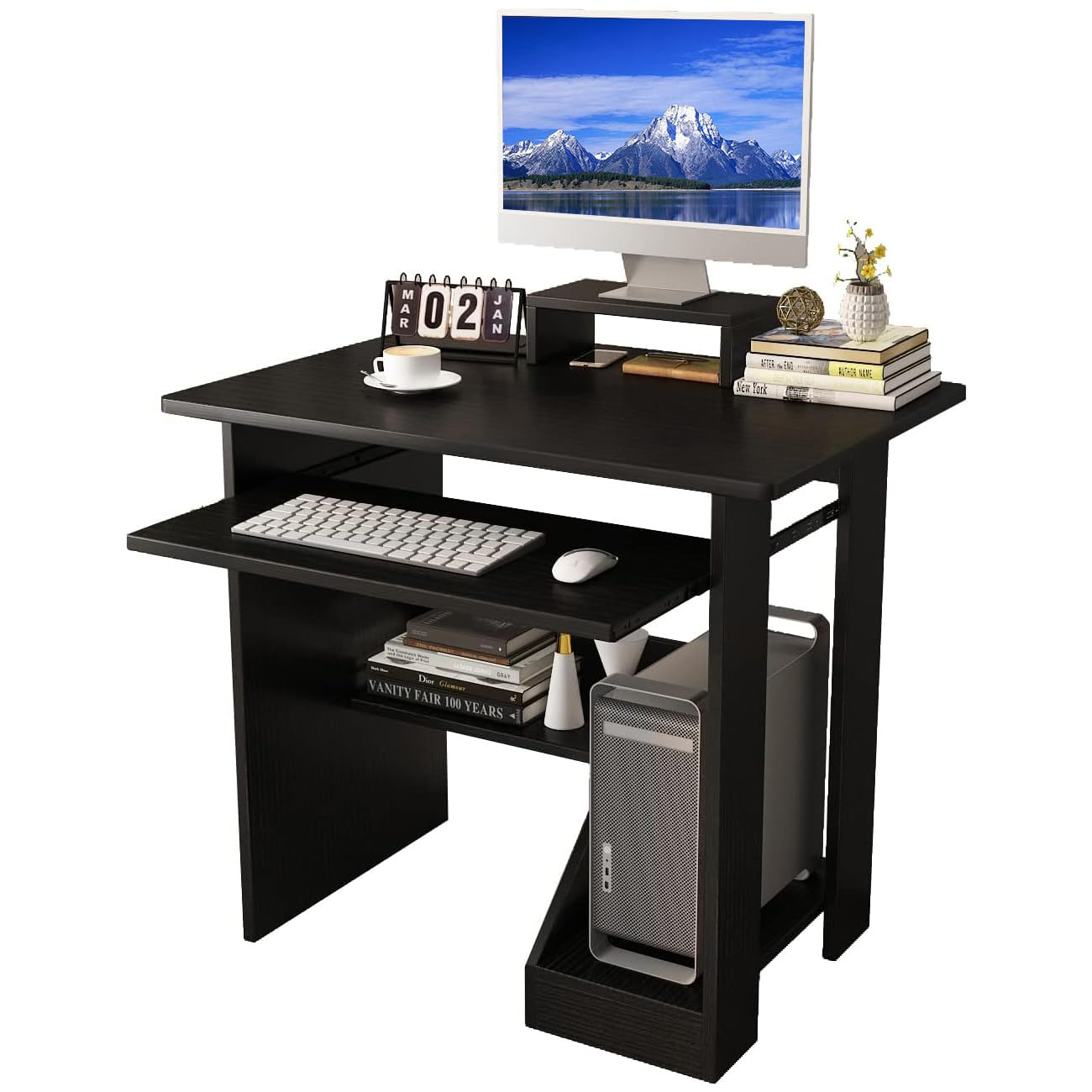 LERIJN 30Inch Small Computer Desk for Small Spaces, Computer Desk with Shelves and Keyboard Tray, Standing Compact Desk with Storage, Home Office Study Computer Desk with Monitor Stand, Black