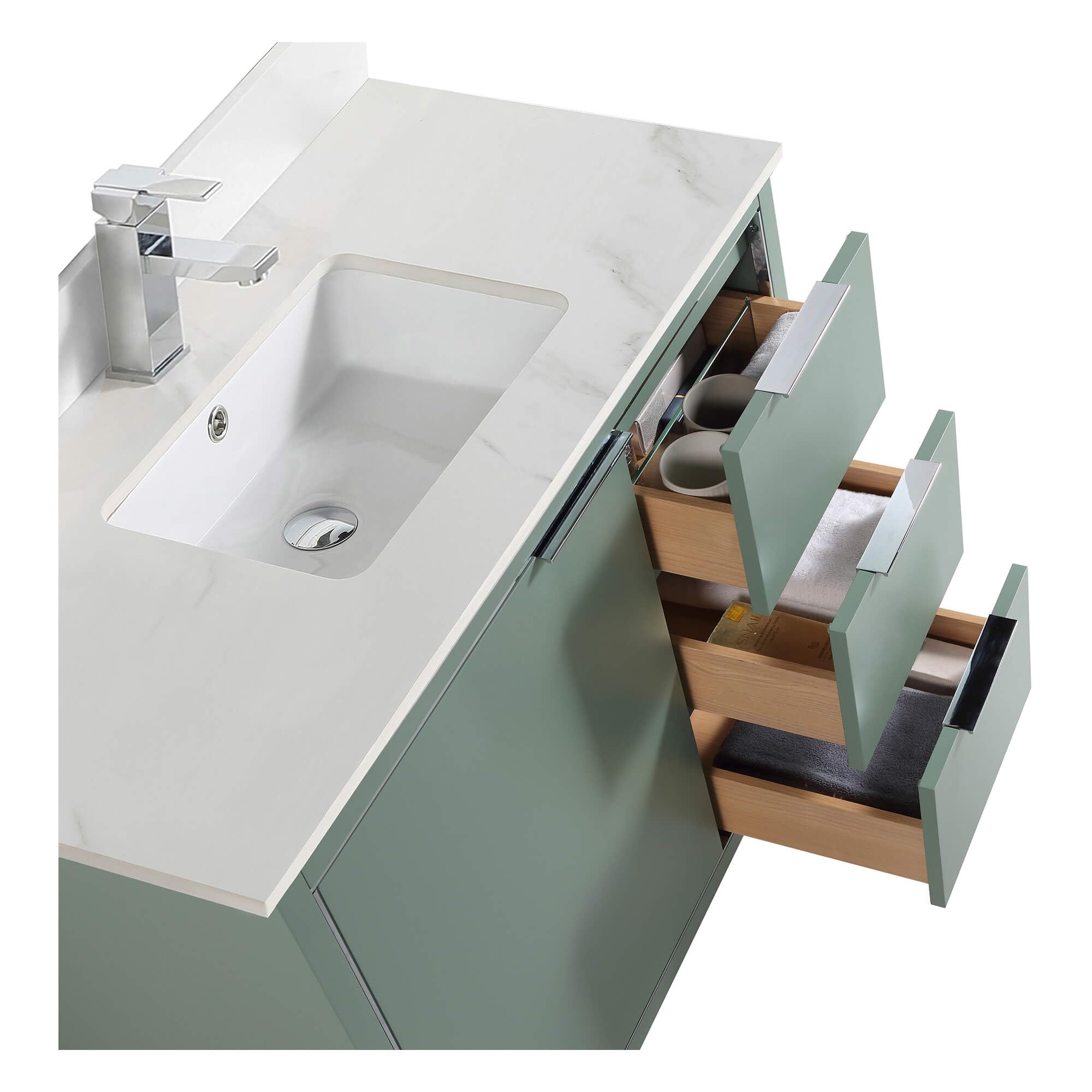 Fine Fixtures Opulence Collection 36 in. W x 18 in. D x 33 in. H Bathroom Vanity in Mint Green with White Carrara Sintered Stone Sink - Chrome Hardware