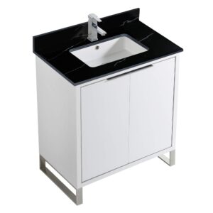 Fine Fixtures Opulence Collection 30 in. W x 18 in. D x 33 in. H Bathroom Vanity in White Matte with Black Marble Sintered Stone Sink - Chrome Hardware