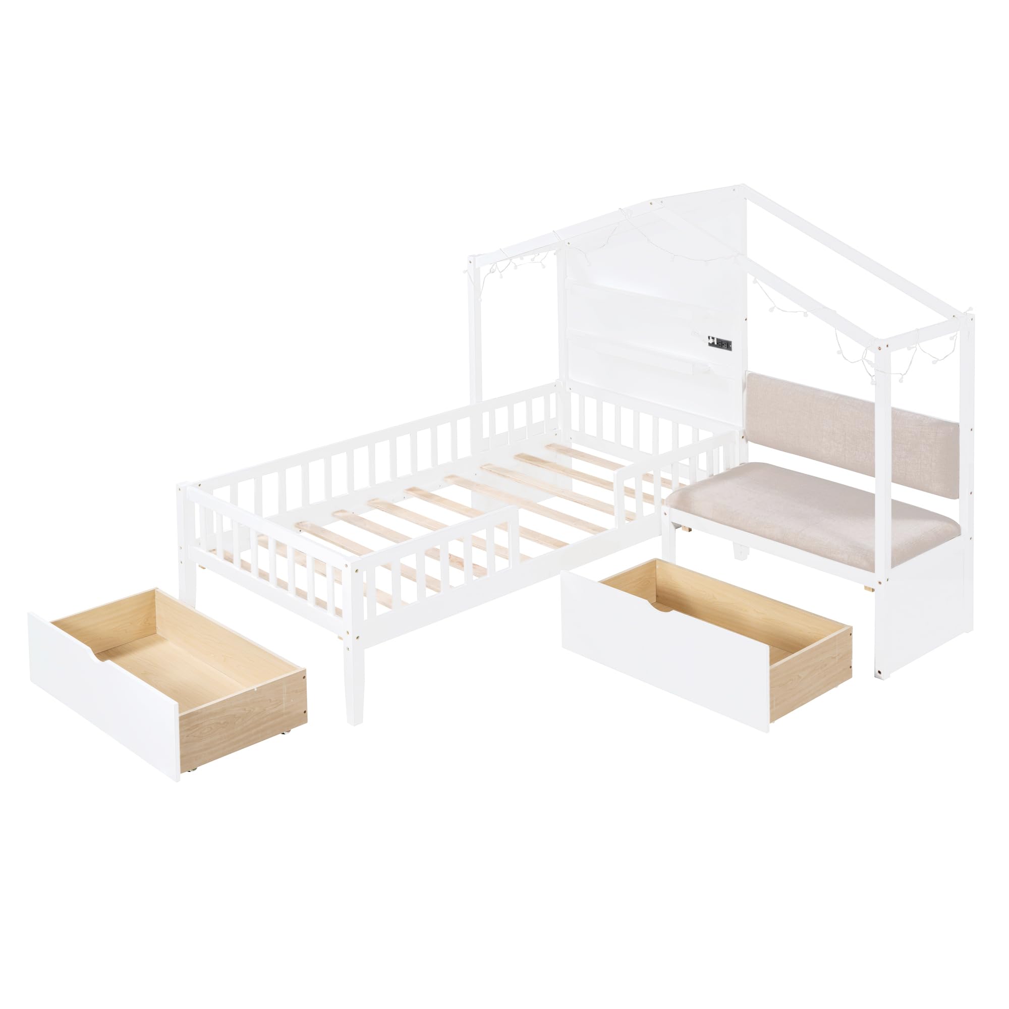 DEINPPA Twin Kids Bed with Storage, House Bed Frame with Charging Station and Futon Seat, Wooden Platform Bed with Drawers, Come with Decorative LED Lights, for Kids Children Toddler Boys Girls-White