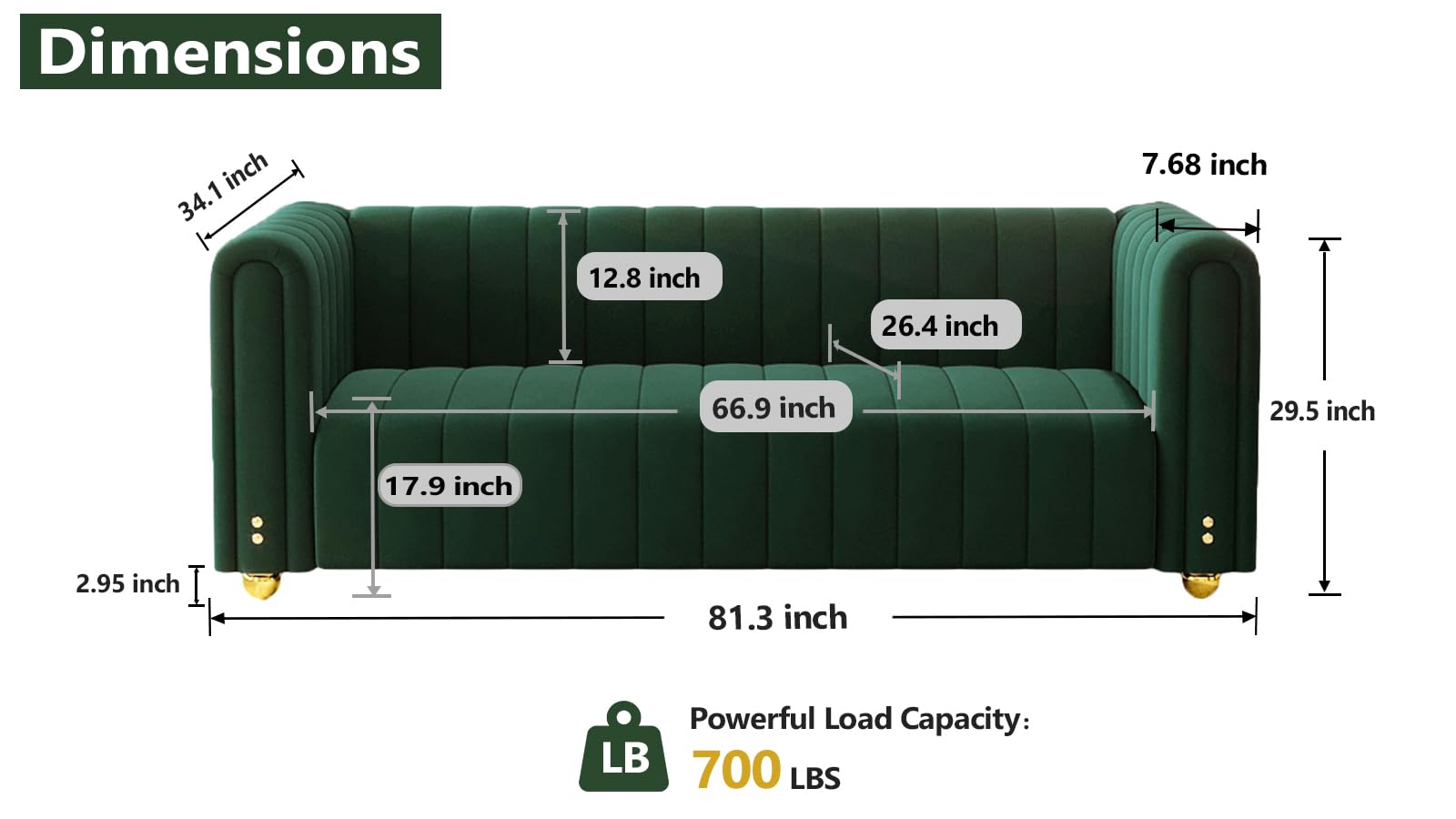 81.3'' Green Velvet Modern Mid Century Deep Seat Sofa, Oversized 3-Seater Loveseat Comfy Couch for Living Room and Apartment Furniture