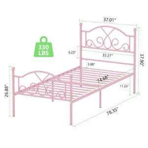 Weehom Twin Bed Frames, Modern Twin Size Metal Bed Frames for Kids Girls, No Box-Spring Needed Twin Platform Bed Frame with Unique Headboard and Footboard, 11.23 Inches Storage Space - Pink