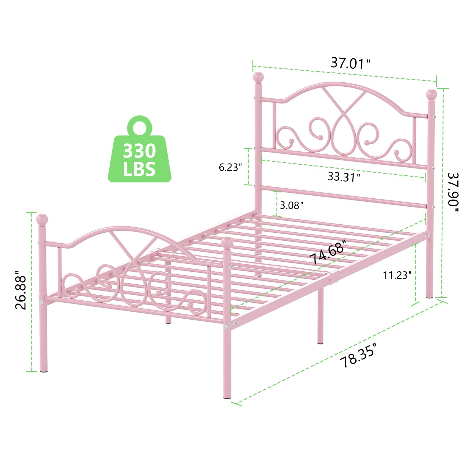 Weehom Twin Bed Frames, Modern Twin Size Metal Bed Frames for Kids Girls, No Box-Spring Needed Twin Platform Bed Frame with Unique Headboard and Footboard, 11.23 Inches Storage Space - Pink