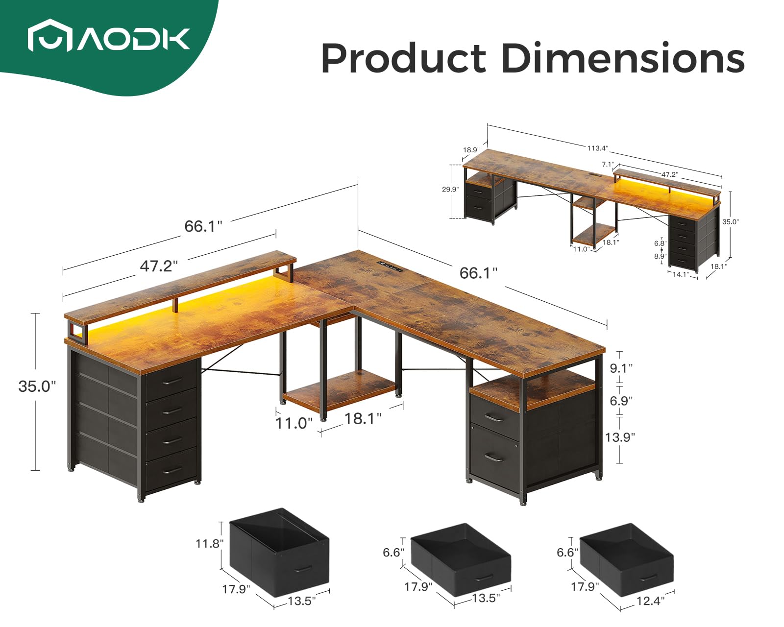 AODK 66" L Shaped Computer Desk, 113“ Reversible Home Office Desk with File Cabinet & 4 Fabric Drawers, Two Person Desk with LED Lights & Power Outlet, Corner Gaming Desk with Monitor Shelf, Vintage