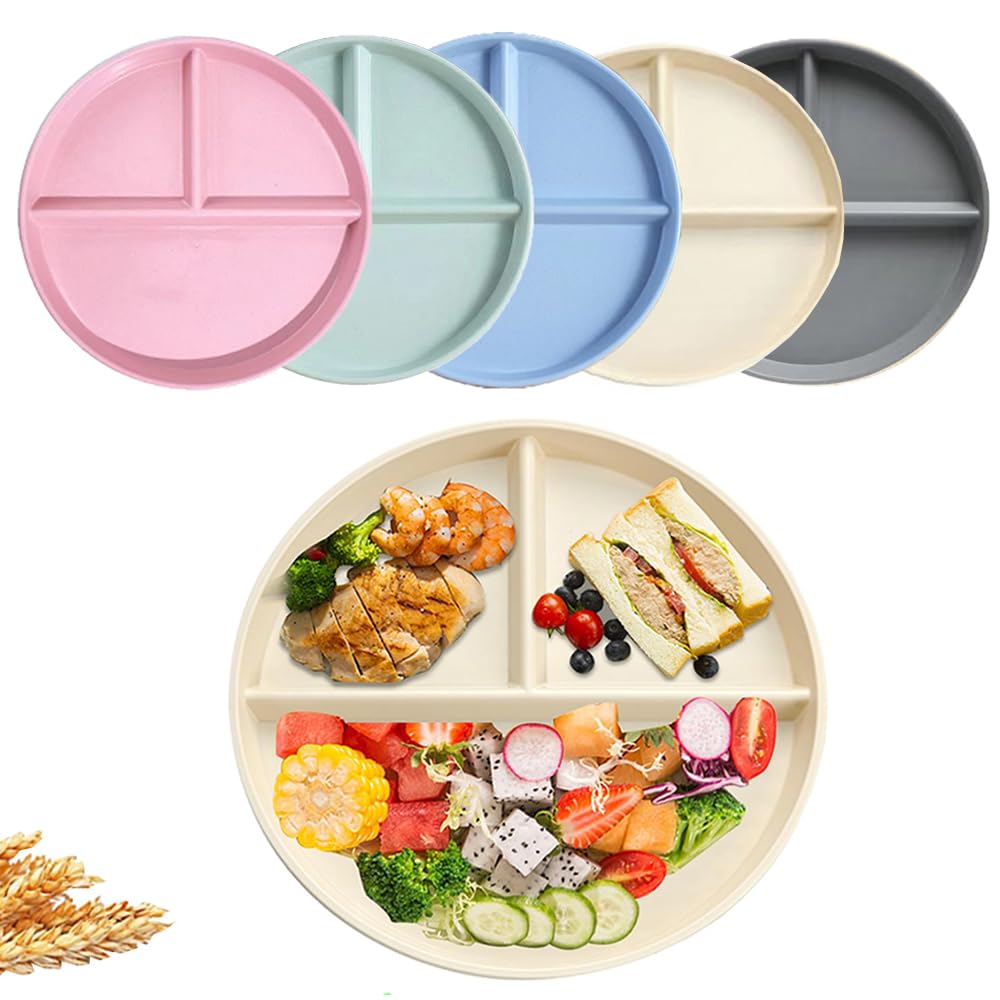 RUIBOLU Unbreakable Divided Plates 5PCS for Kids Adults, Compartment Plates, Lightweight Reusable Dinnerware Portion Control Plastic Plates (5Pack- 9IN)