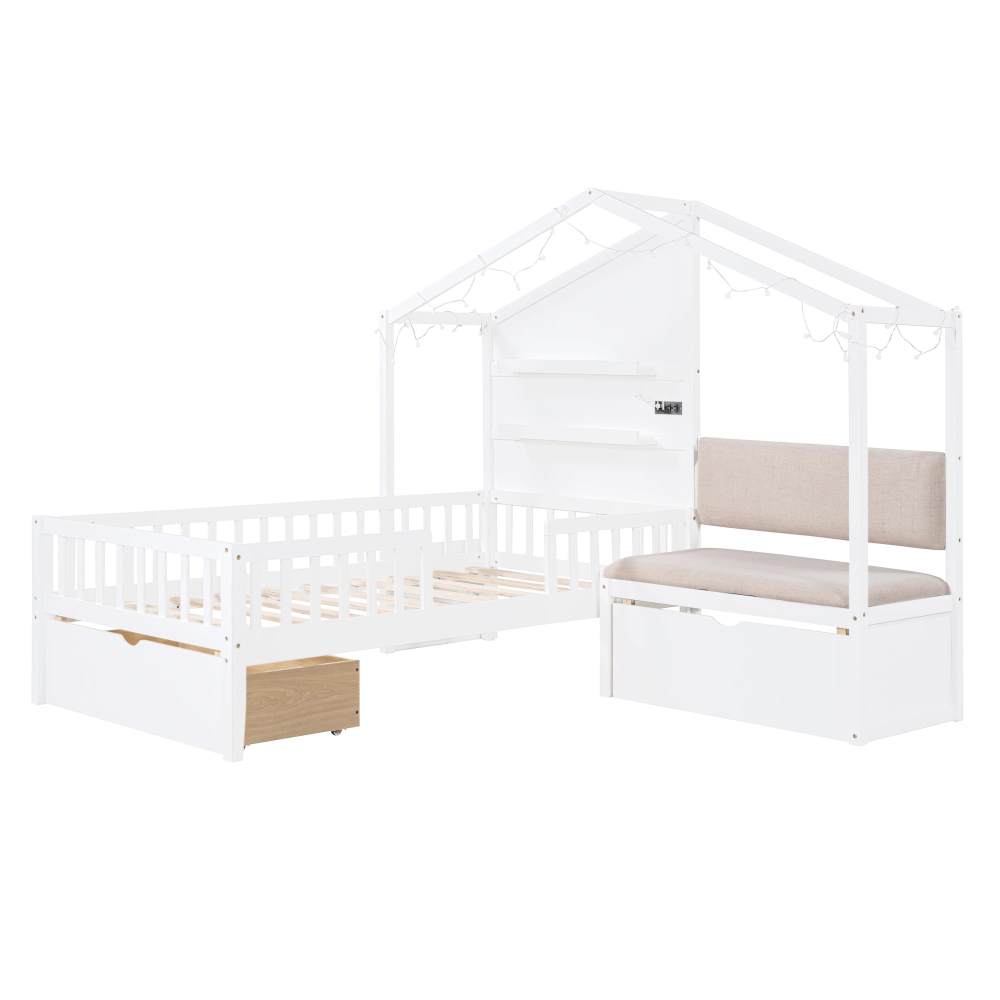 DEINPPA Twin Kids Bed with Storage, House Bed Frame with Charging Station and Futon Seat, Wooden Platform Bed with Drawers, Come with Decorative LED Lights, for Kids Children Toddler Boys Girls-White