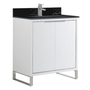 fine fixtures opulence collection 30 in. w x 18 in. d x 33 in. h bathroom vanity in white matte with black marble sintered stone sink - chrome hardware