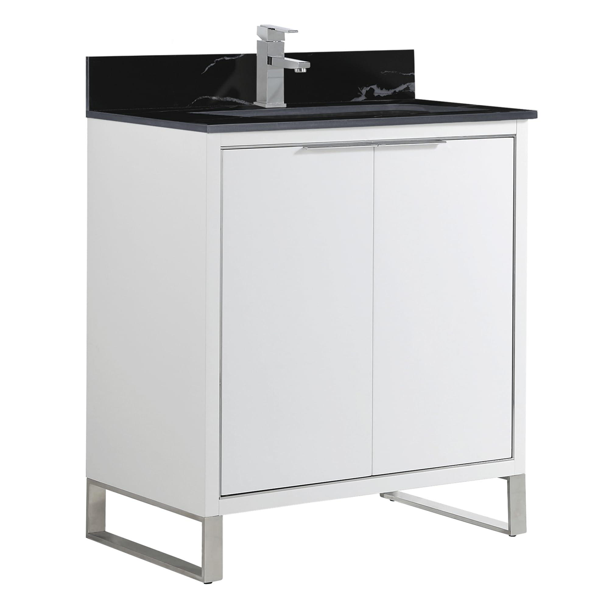 Fine Fixtures Opulence Collection 30 in. W x 18 in. D x 33 in. H Bathroom Vanity in White Matte with Black Marble Sintered Stone Sink - Chrome Hardware