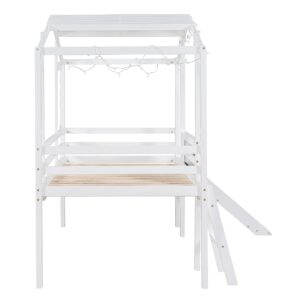 Merax Twin Loft Bed with Slide for Boys & Girls, Wood House Style with Blackboard & Light Strip, White