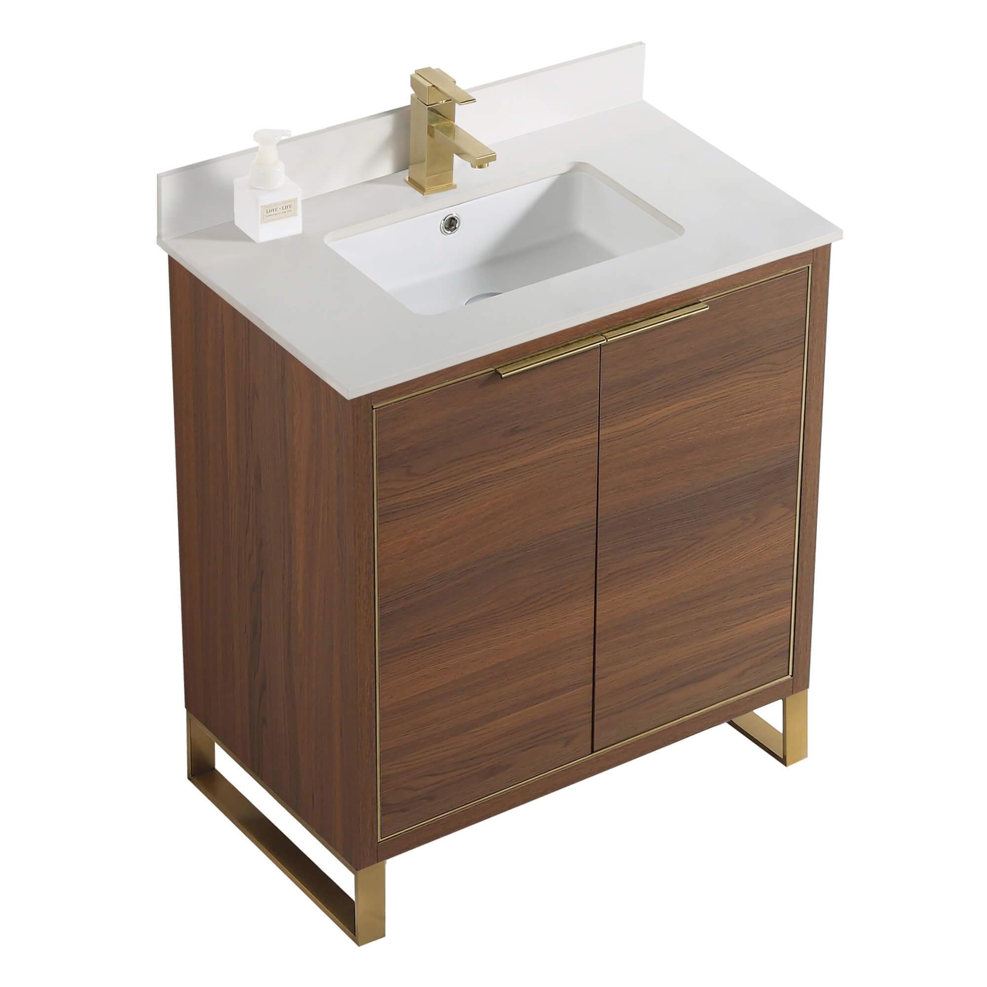 Fine Fixtures Opulence Collection 30 in. W x 18 in. D x 33 in. H Bathroom Vanity in Walnut Ebony with White Matte Sintered Stone Sink - Satin Brass Hardware