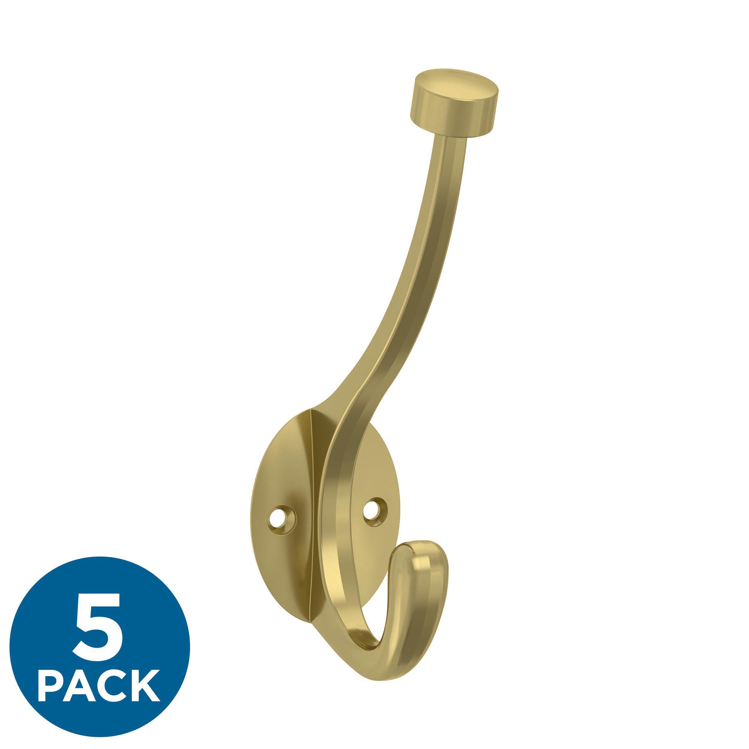 Franklin Brass Pilltop (5-Pack) Coat and Hat Wall Hooks Double Hooks for Hanging Satin Gold Wall Mount Hanger Backpack, Purse, Bag, Towel Organization Decorative Wall Hooks B34865K-SG-C