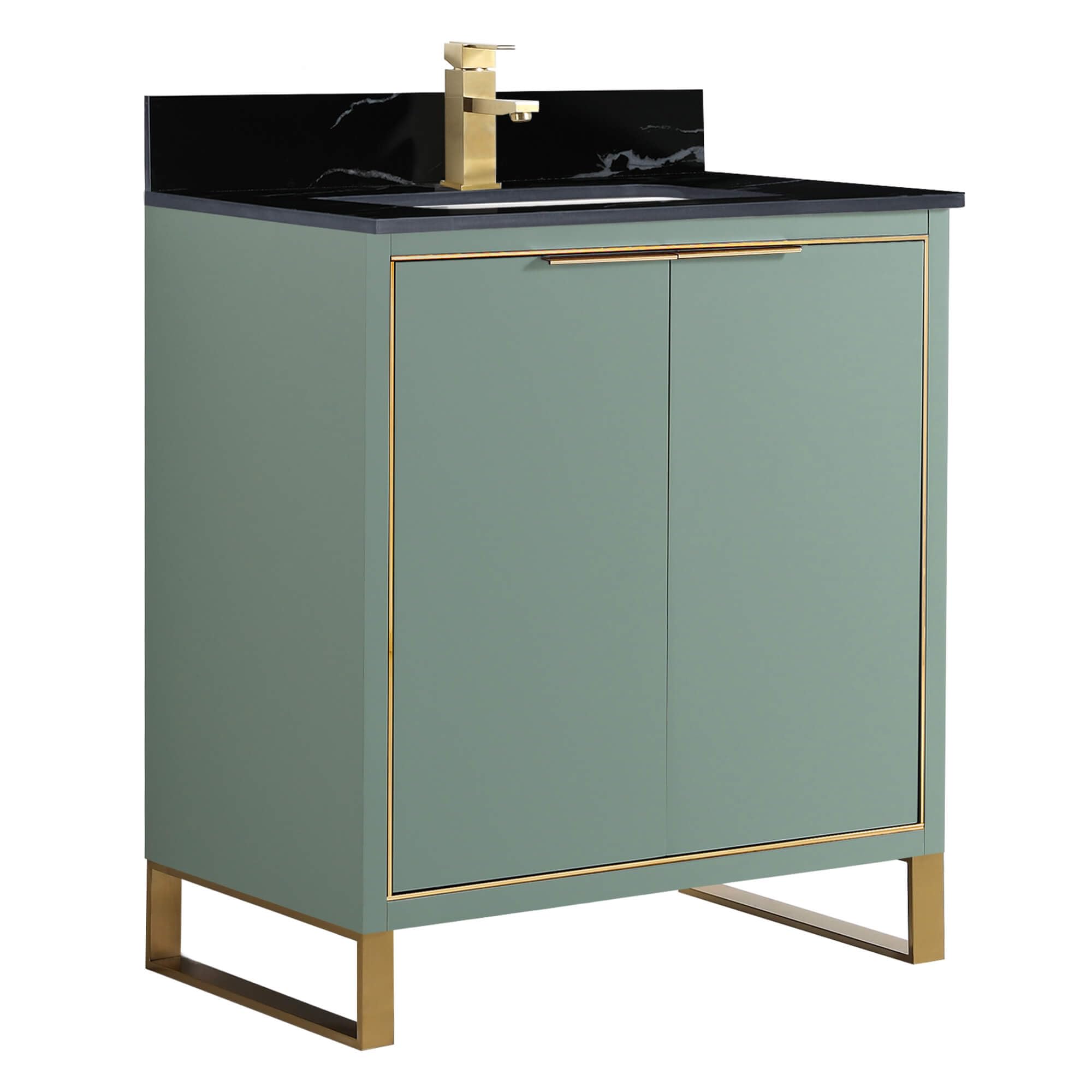 Fine Fixtures Opulence Collection 30 in. W x 18 in. D x 33 in. H Bathroom Vanity in Mint Green with Black Marble Sintered Stone Sink - Satin Brass Hardware