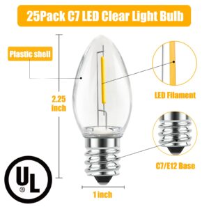 SUNSGNE C7 LED Christmas Lights Outdoor Replacement Bulbs, 0.6 Watt LED Night Light Bulbs fits E12 Candelabra Base Socket, E12 Led Bulb for Indoor Outdoor Decor, Warm White 2700K, Clear, 25 Pack