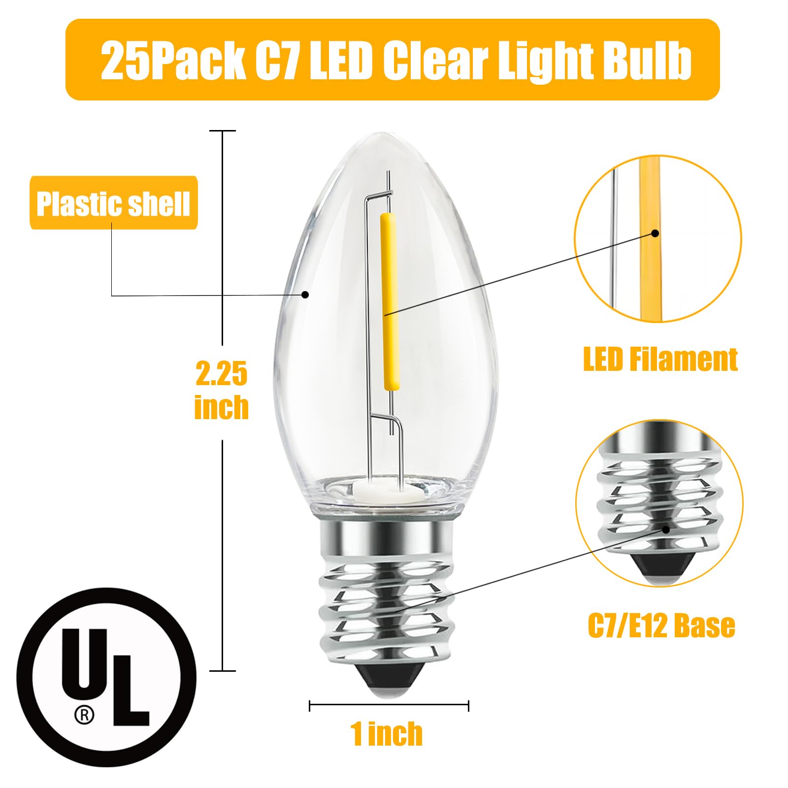 SUNSGNE C7 LED Christmas Lights Outdoor Replacement Bulbs, 0.6 Watt LED Night Light Bulbs fits E12 Candelabra Base Socket, E12 Led Bulb for Indoor Outdoor Decor, Warm White 2700K, Clear, 25 Pack