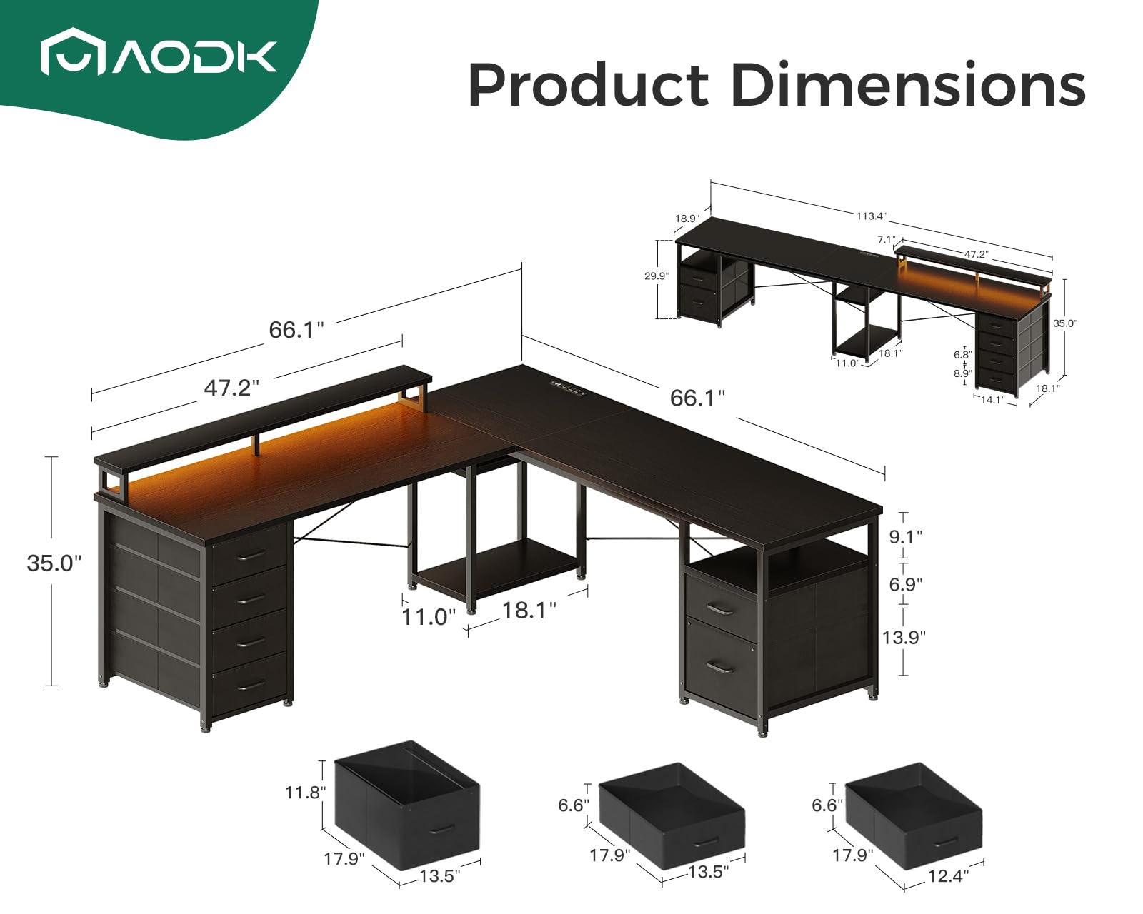 AODK 66" L Shaped Computer Desk, 113“ Reversible Home Office Desk with File Cabinet & 4 Fabric Drawers, Two Person Desk with LED Lights & Power Outlet, Corner Gaming Desk with Monitor Shelf, Black