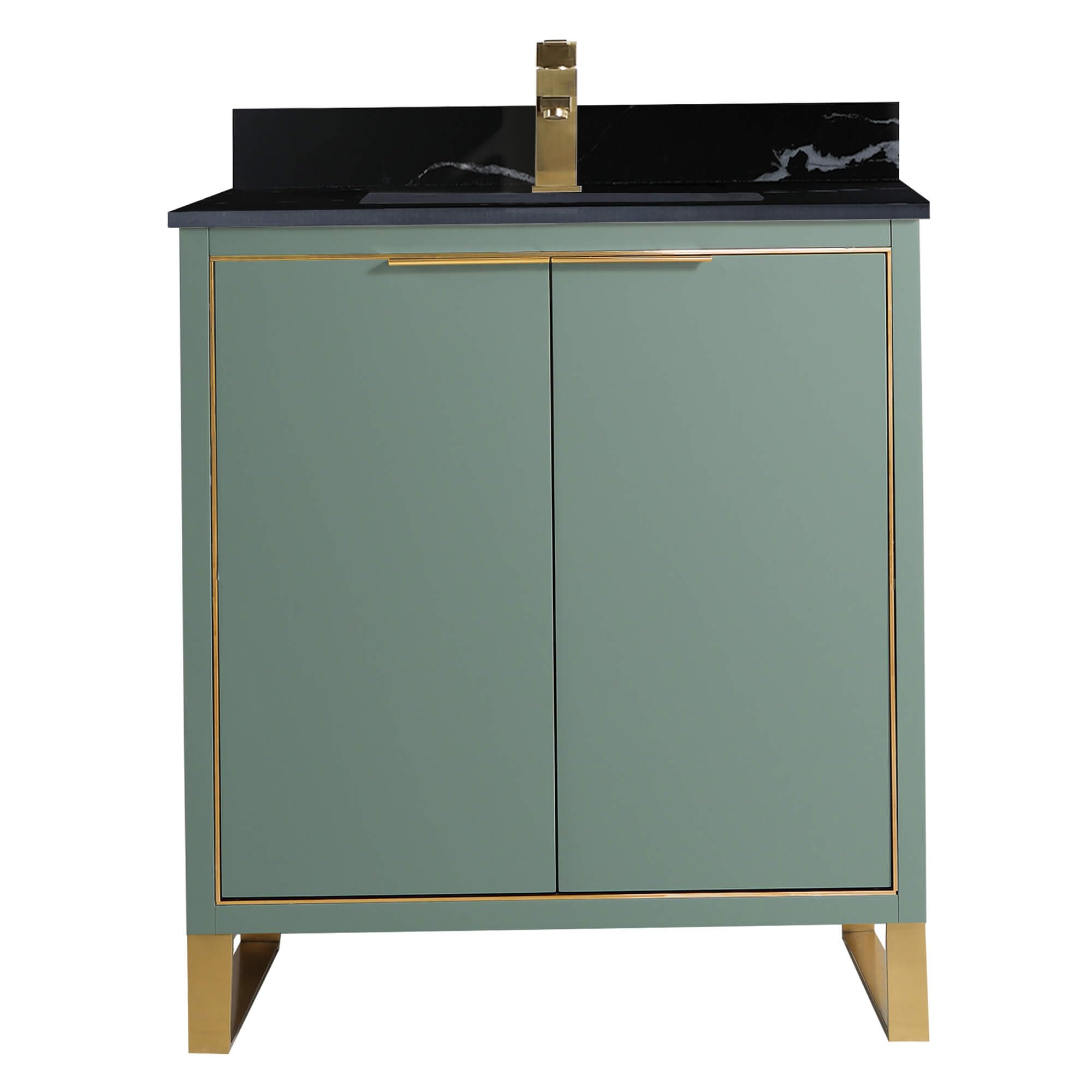 Fine Fixtures Opulence Collection 30 in. W x 18 in. D x 33 in. H Bathroom Vanity in Mint Green with Black Marble Sintered Stone Sink - Satin Brass Hardware