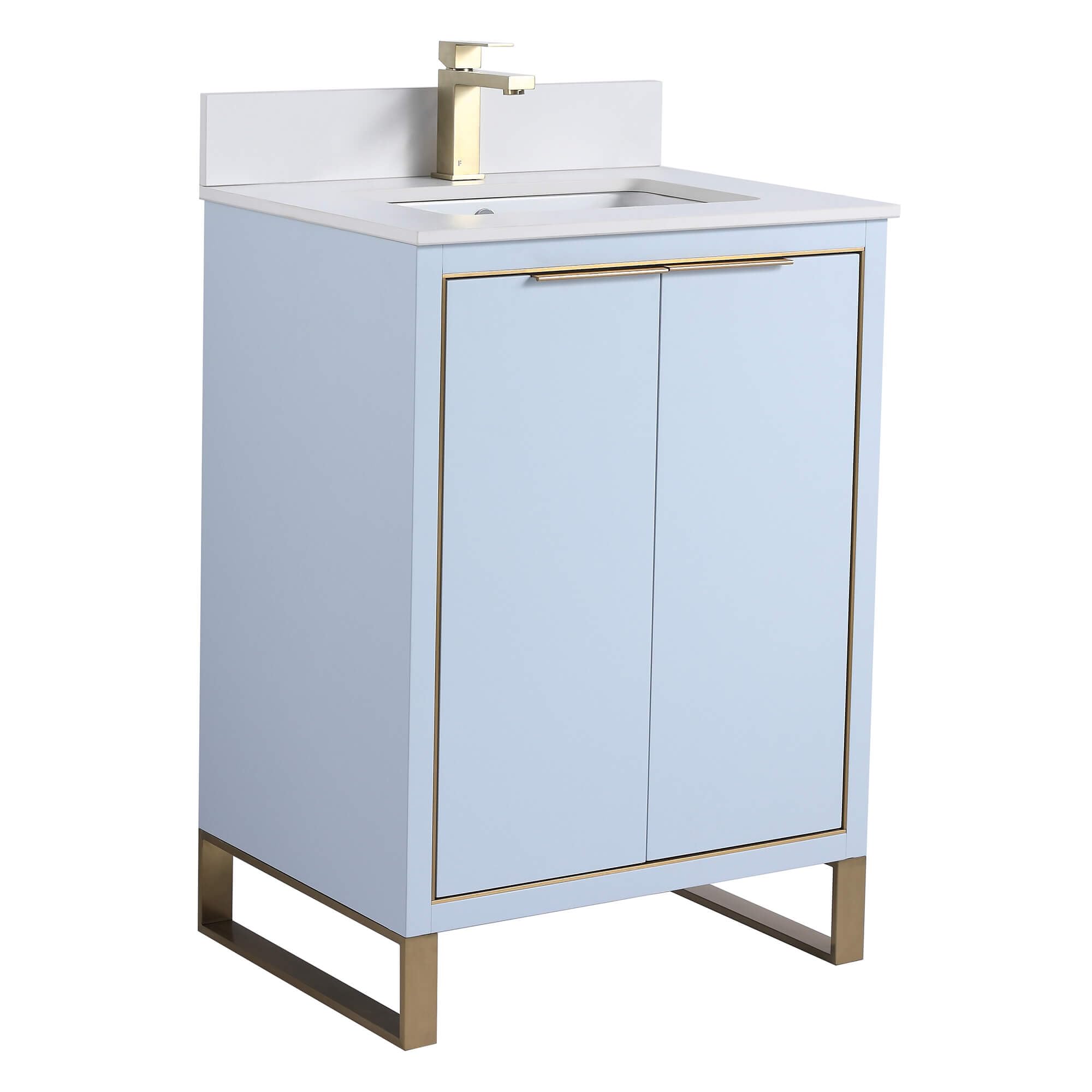 Fine Fixtures Opulence Collection 24 in. W x 18 in. D x 33 in. H Bathroom Vanity in Pastel Blue with White Matte Sintered Stone Sink - Satin Brass Hardware