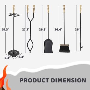 LOENIY 5 Pieces 31In Fireplace Tools Set, Wrought Iron Fireplace Tools with Ergonomic Handle, Fireplace Accessories Set included Tong, Shovel, Base, Poker and Brush for Indoor (Antique Bronze)