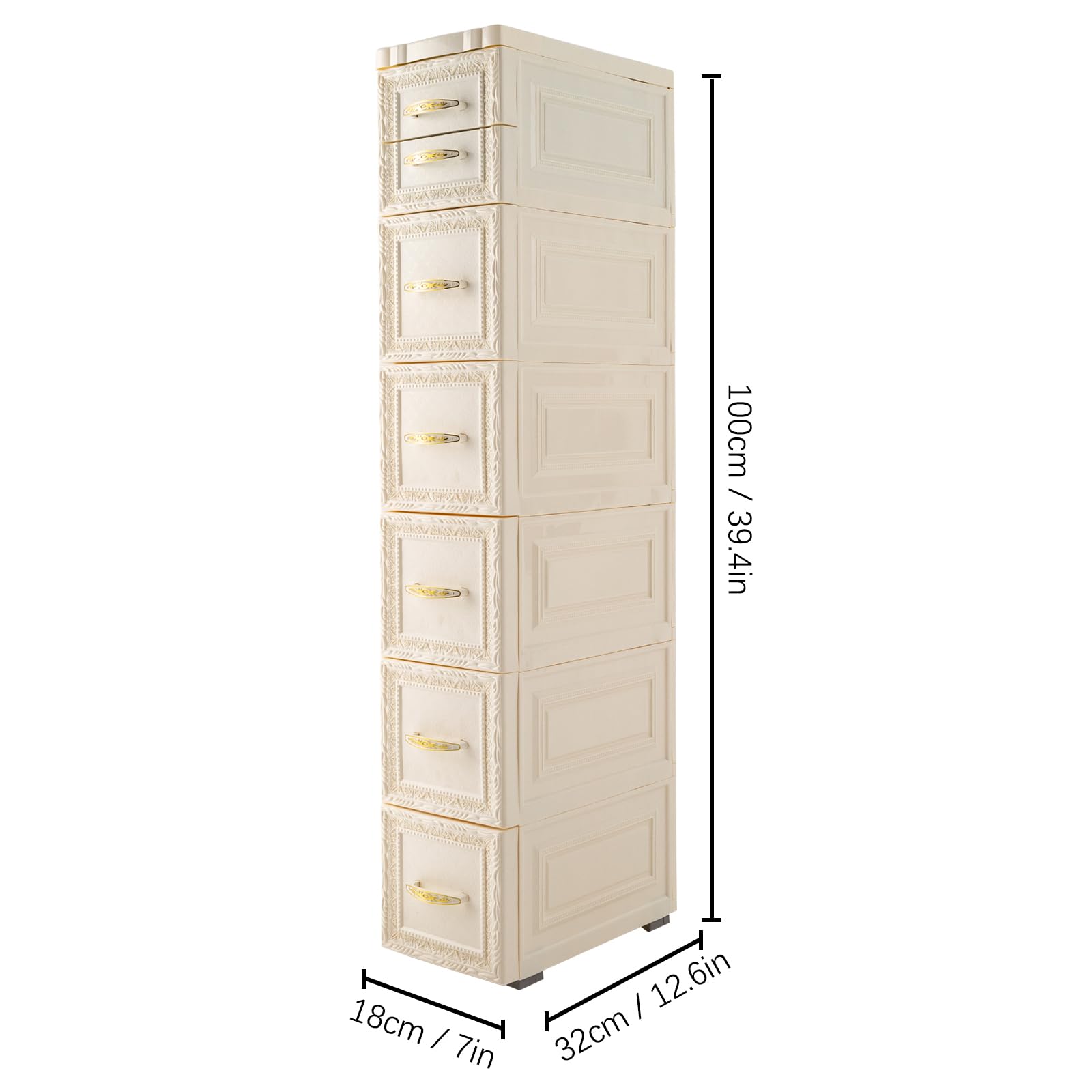 6 Tier Storage Cabinet with 7 Drawers Rolling Narrow Dresser Tower Stand Slim Plastic Storage Organizer with Wheels Elegant Storage Chest for Bedroom Bathroom Entryway Dorm Small Spaces, Beige