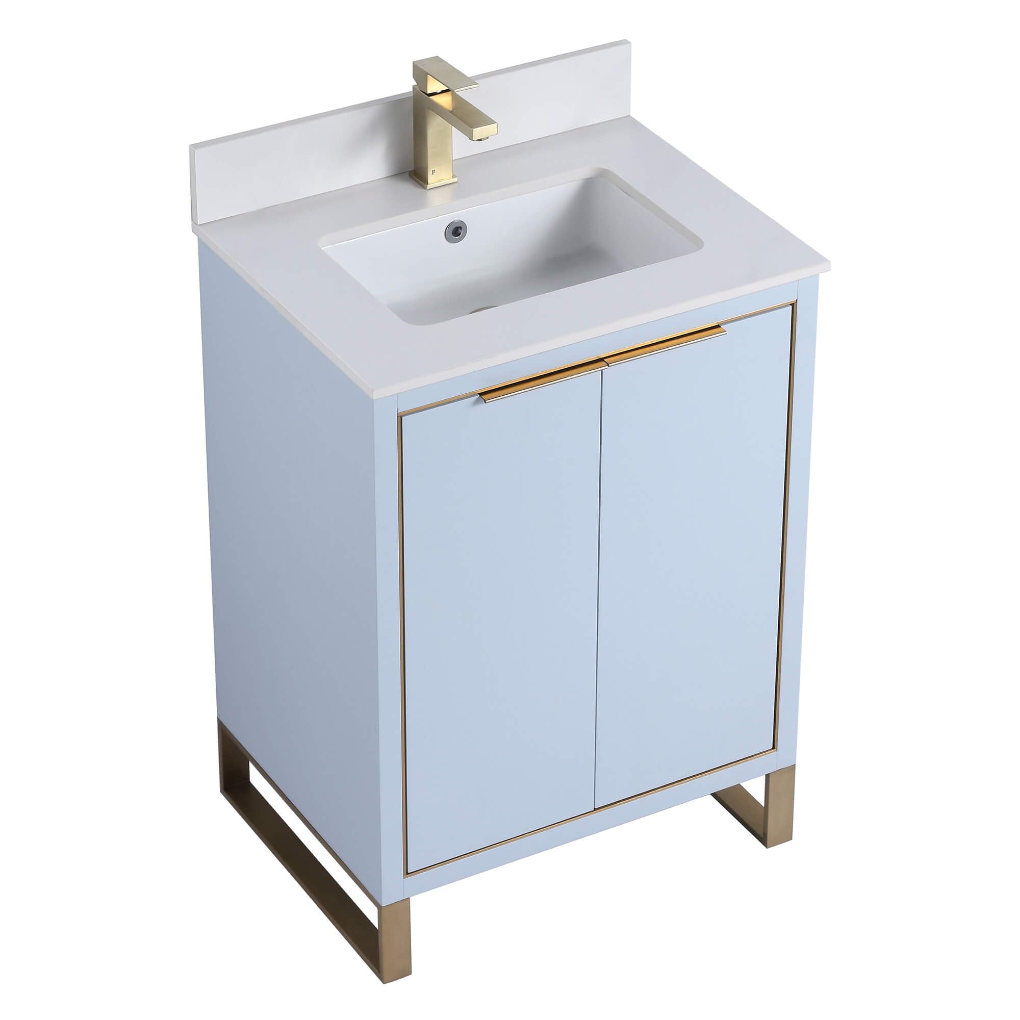 Fine Fixtures Opulence Collection 24 in. W x 18 in. D x 33 in. H Bathroom Vanity in Pastel Blue with White Matte Sintered Stone Sink - Satin Brass Hardware