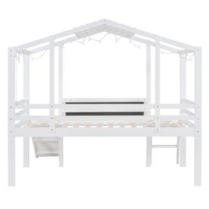 Merax Twin Loft Bed with Slide for Boys & Girls, Wood House Style with Blackboard & Light Strip, White