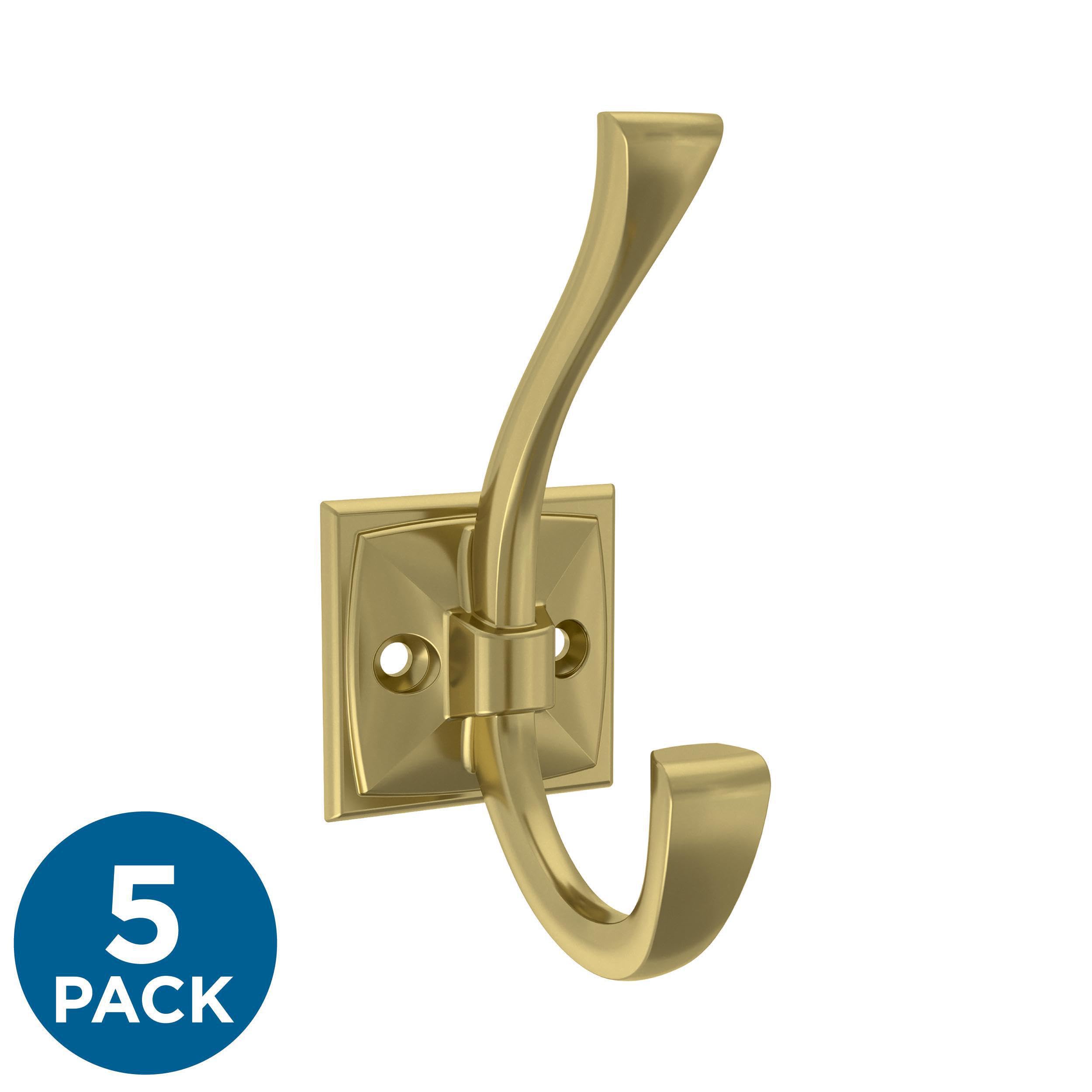 Franklin Brass Ruavista (5-Pack) Coat and Hat Wall Hooks Double Hooks for Hanging Satin Gold Wall Mount Hanger Backpack, Purse, Bag, Towel Organization Decorative Wall Hooks B48022K-SG-C