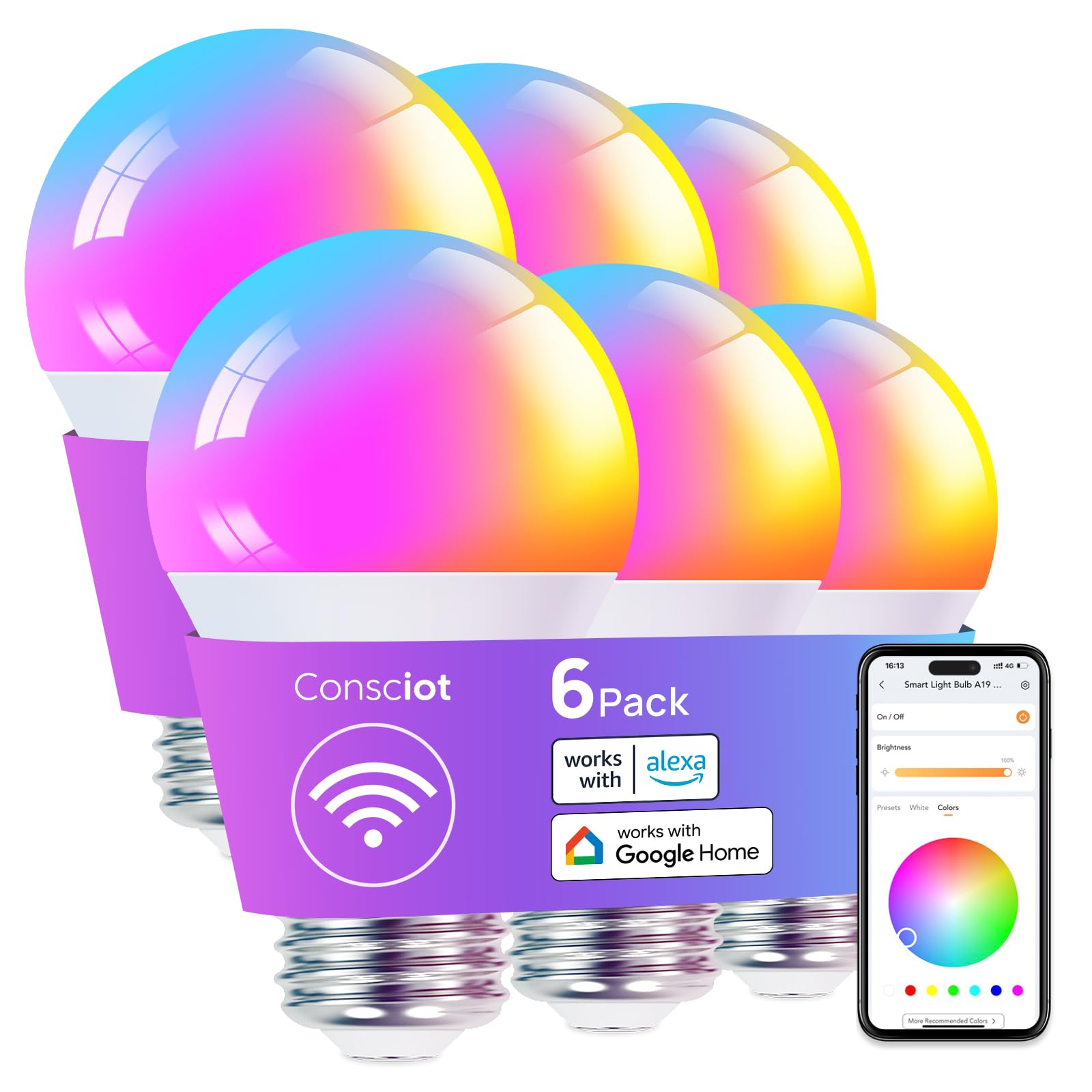 Consciot Smart Light Bulbs, LED Light Bulb That Works with Alexa & Google Home, Music Sync, RGBTW Color Changing Light Bulb, A19 E26 2.4Ghz WiFi Light Bulbs 60 watt Equivalent, 800lm Dimmable, 6 Pack