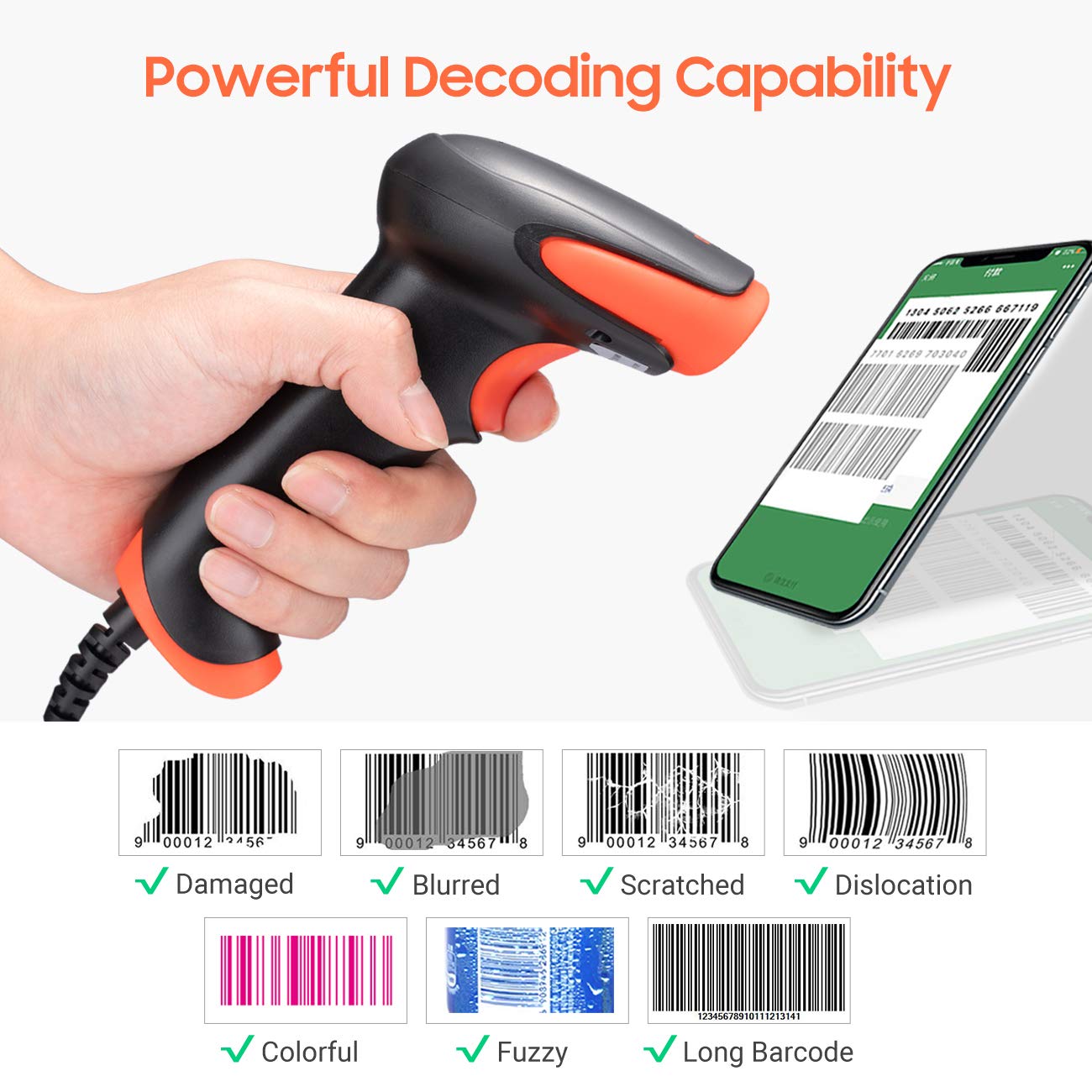 Tera 1D Wired CCD Barcode Scanner: No Laser - Eye Safe, CCD Screen Scan Handheld Bar Code Reader USB Linear Bar Code Scanner Fast and Precise Scan Plug and Play for Payment Pos Model 1500C