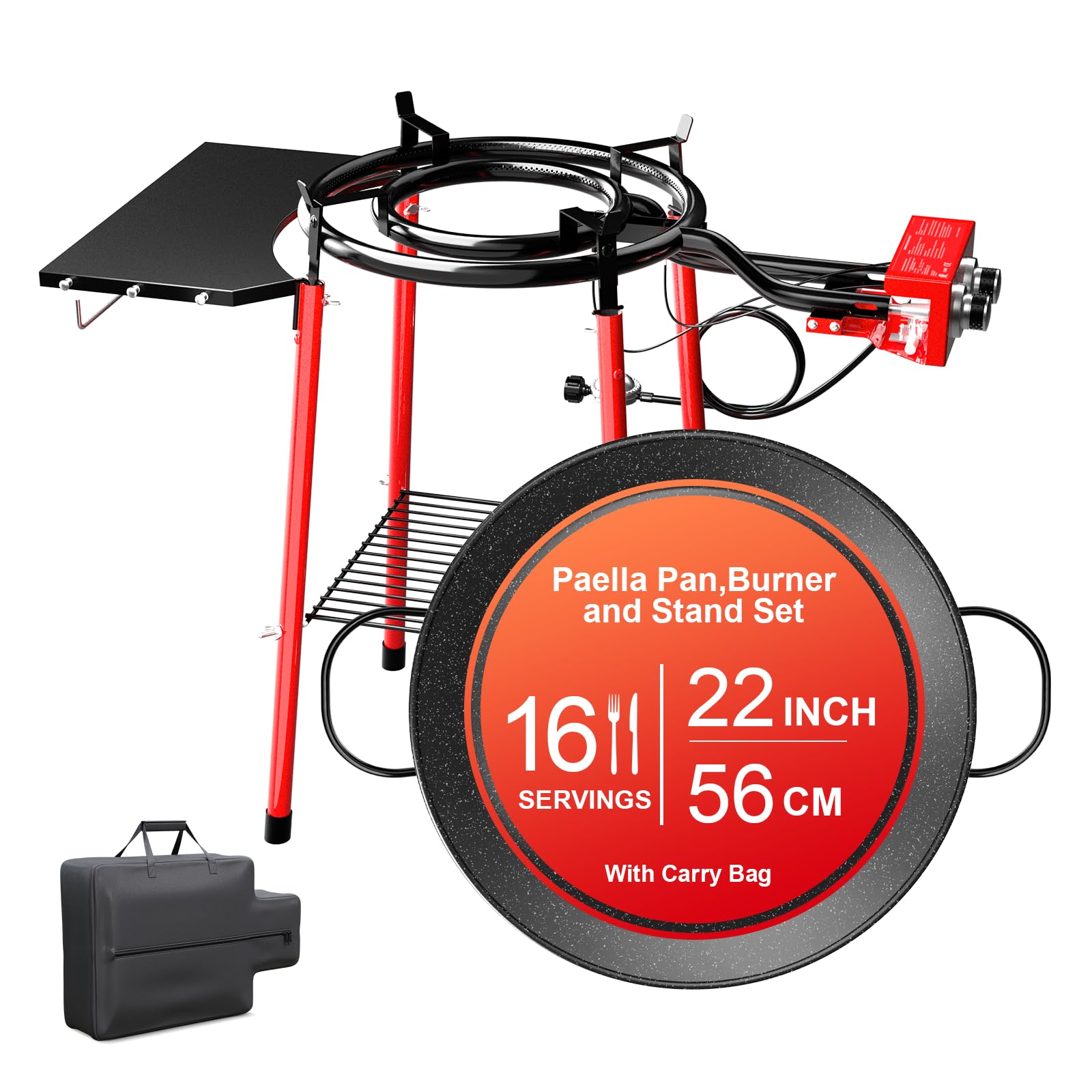 GRILL FORCE 22 Inch Paella Burner and Stand Set,Paella Pan Set,22 Inch Paella Pan,Paella Burner,Paella Pan and Burner Set,Paellera,Paella Kit with Carry Bag,Built-In Ignitor Regulator Hose,16 Servings