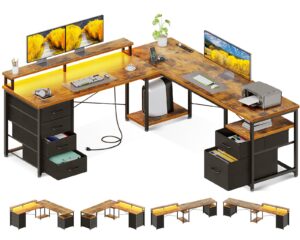 aodk 66" l shaped computer desk, 113“ reversible home office desk with file cabinet & 4 fabric drawers, two person desk with led lights & power outlet, corner gaming desk with monitor shelf, vintage