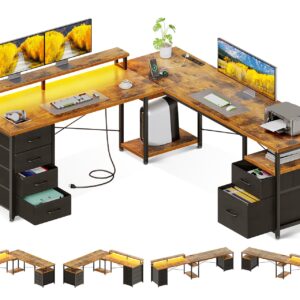 AODK 66" L Shaped Computer Desk, 113“ Reversible Home Office Desk with File Cabinet & 4 Fabric Drawers, Two Person Desk with LED Lights & Power Outlet, Corner Gaming Desk with Monitor Shelf, Vintage